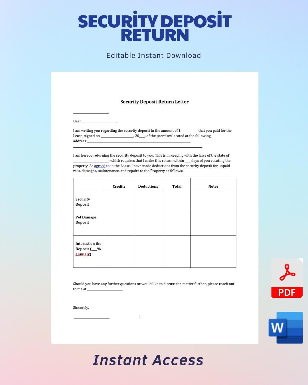 Customizable Tenant Security Deposit Breakdown Form - Etsy