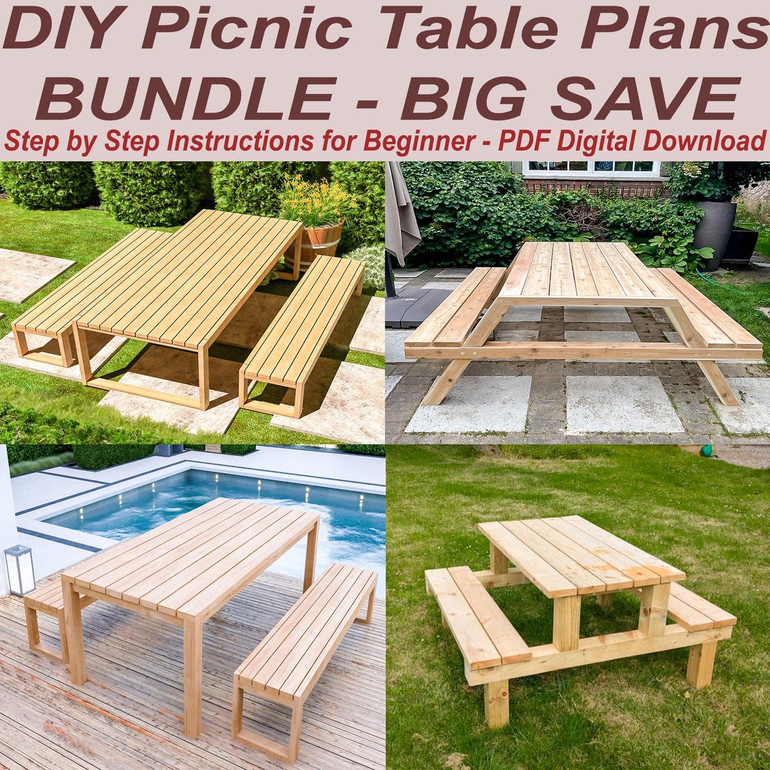 Wooden Picnic Table Plans BUNDLE, Garden Table Plans, DIY Patio Table ...