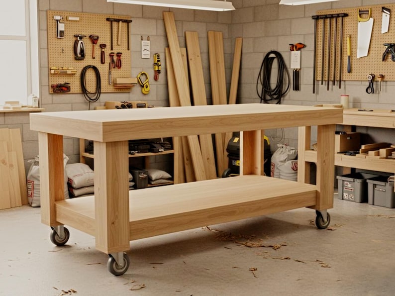 Workbench DIY Plans: Mobile Bench With Shelves Woodworking Project, PDF ...