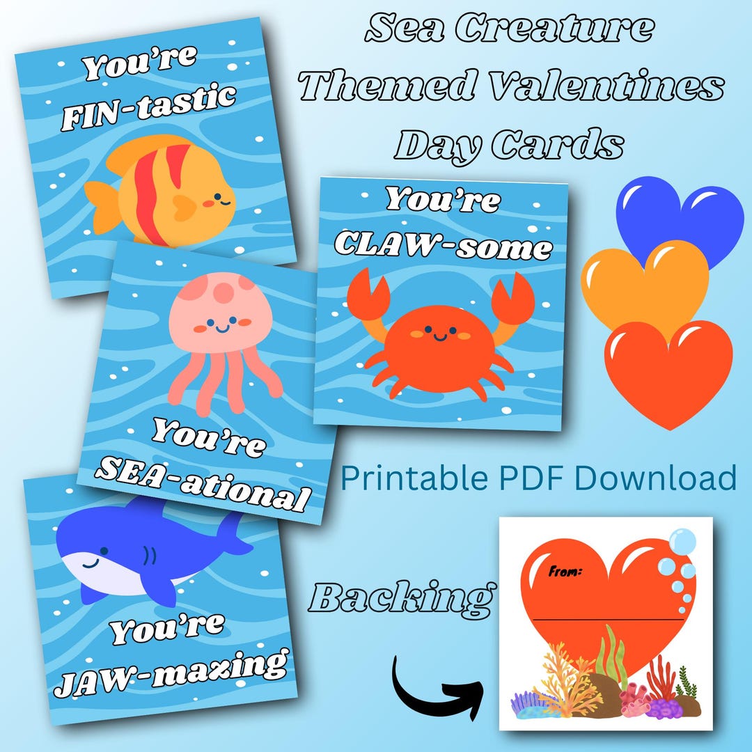Printable Sea Creature Valentines Day Cards Ocean Animal Kids ...