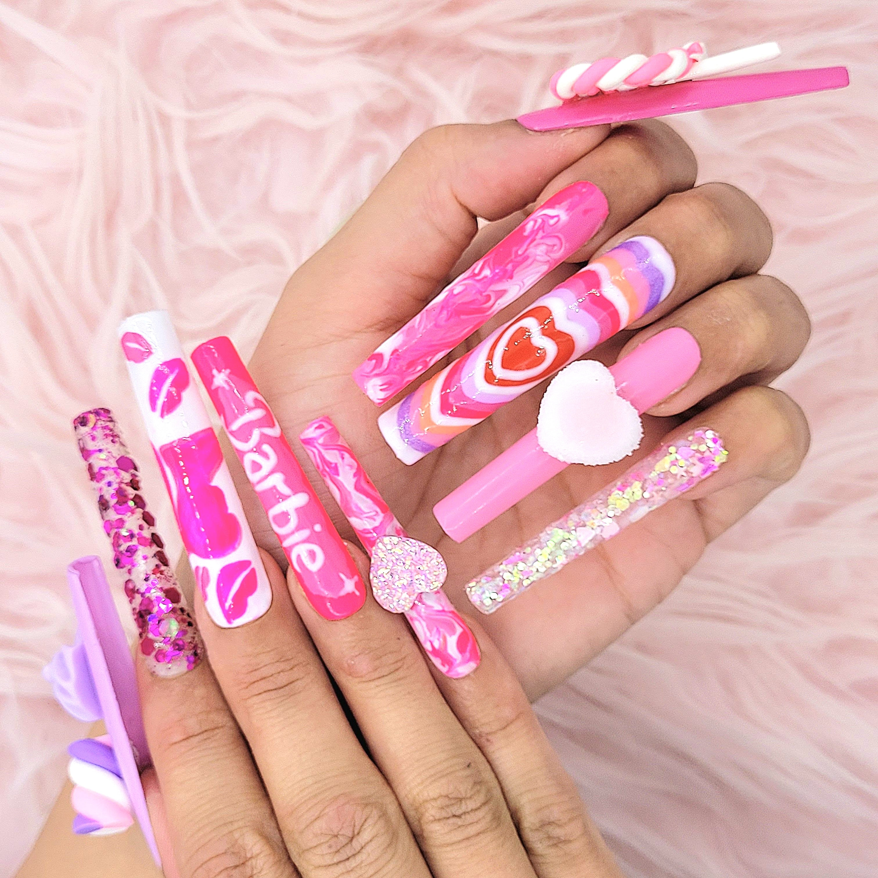 Barbie Bling Press on Nails Pink Nails White Nails Cute Nails Fake ...
