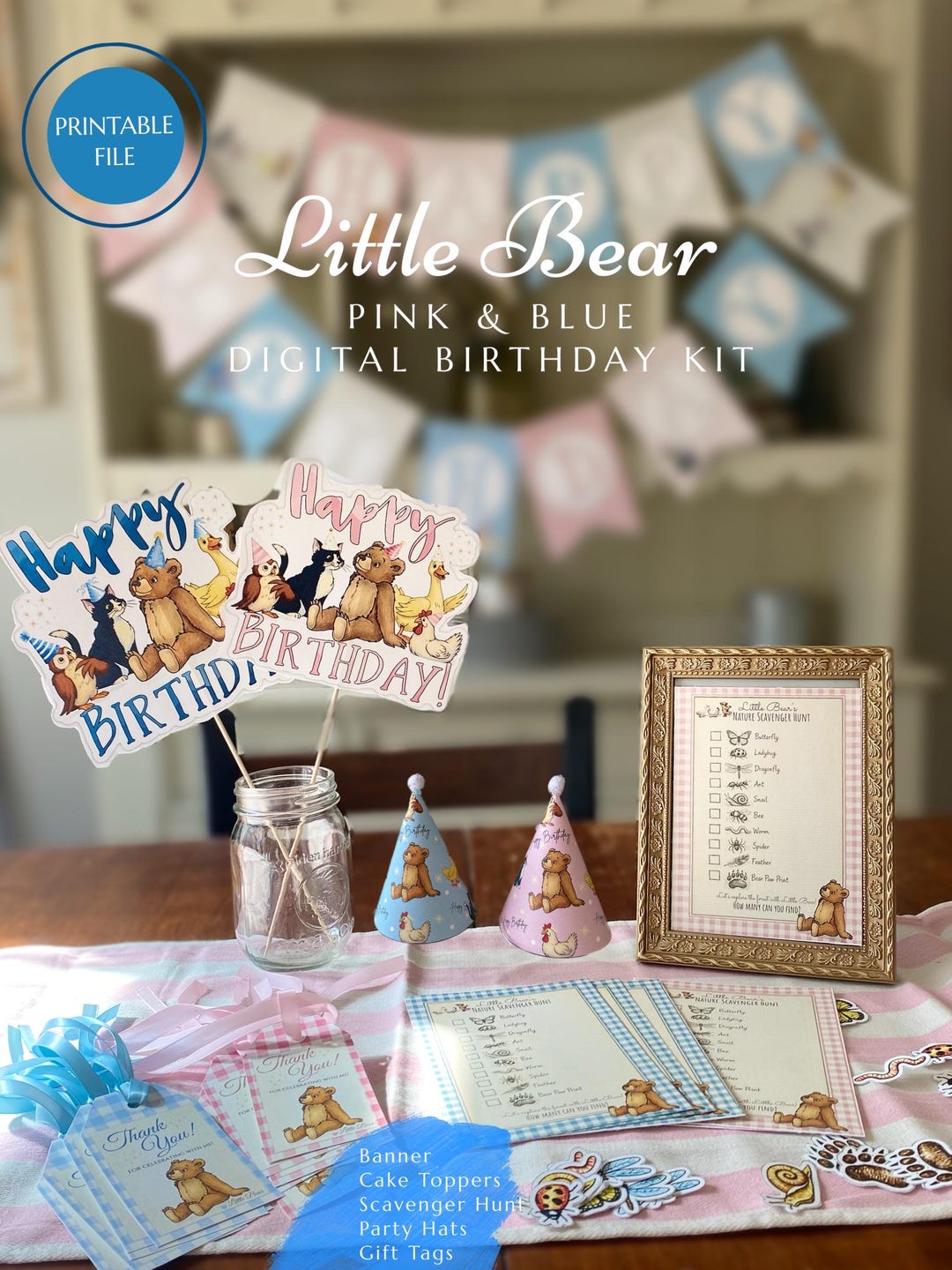 Vintage Bear Birthday Party Pack Bundle | Pink N Blue | Printable ...