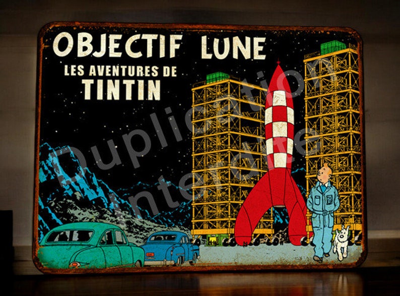 Vintage Tintin Destination Moon Metal Sign - Etsy