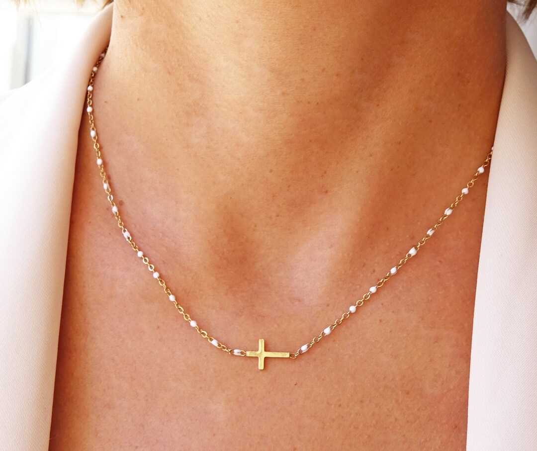 Golden Horizontal Cross Necklace Several Colors Stainless - Etsy