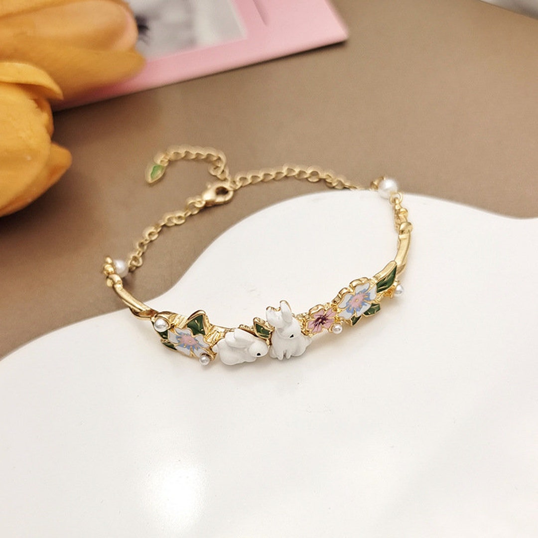 Bunny With Flowers Bracelet Leaf Flower Chain Love Bracelet Cute Rabbit ...