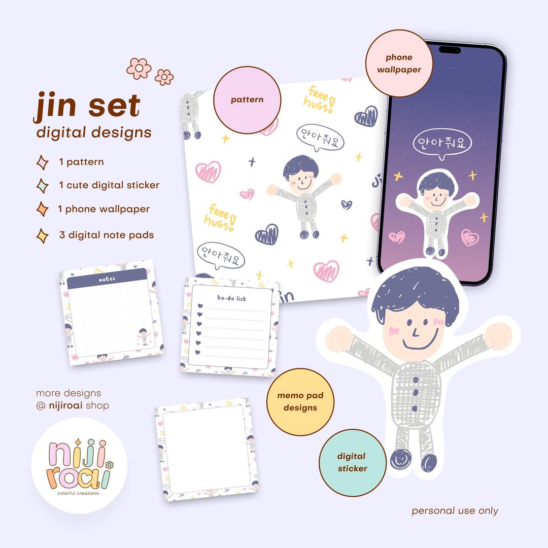 Jin BTS Digital Wallpaper Sticker Set Free Hug Event Kpop Seamless Pattern for Mug Tumblers Memo ...