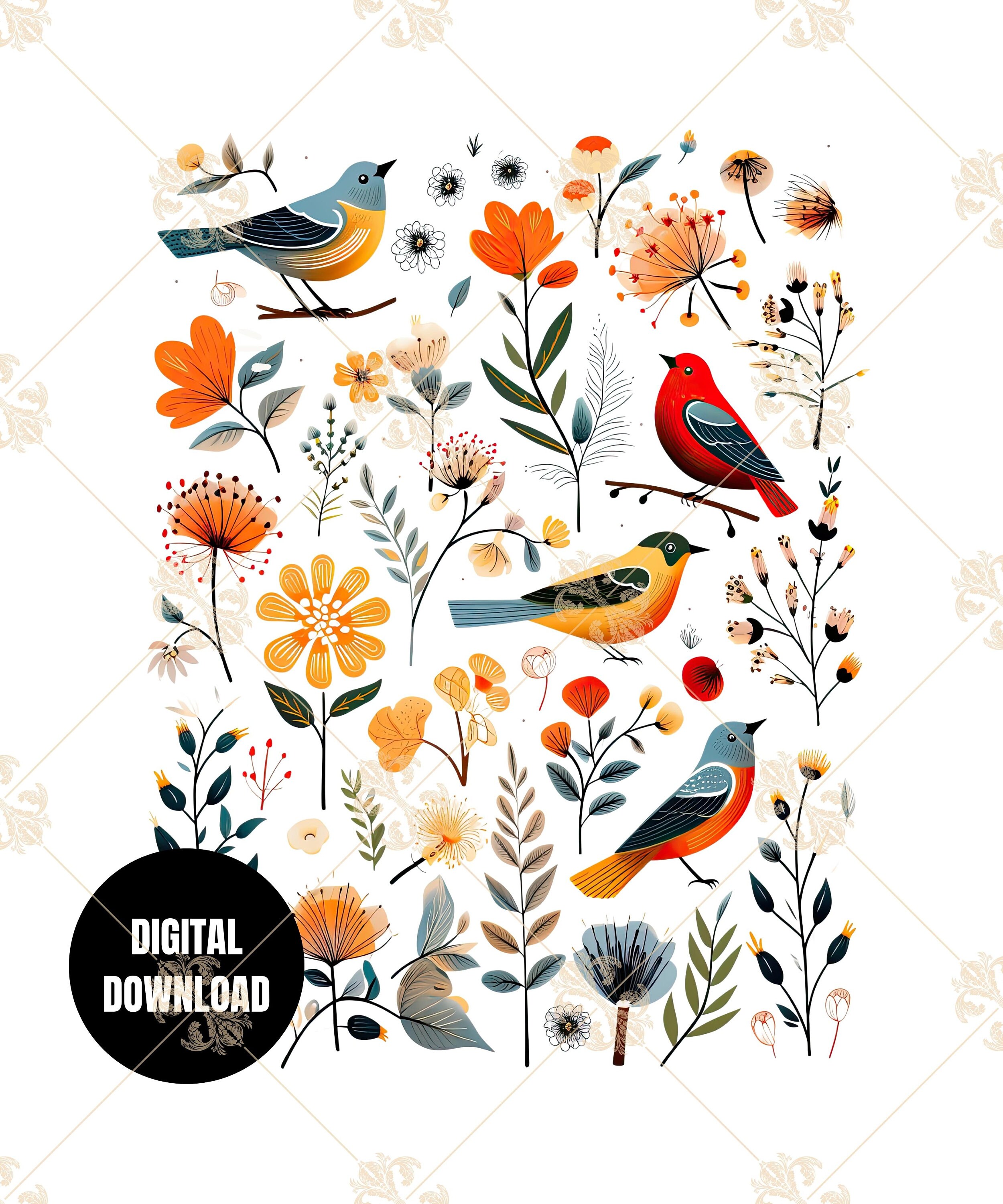 Retro Birds and Flowers PNG, Boho Garden, Cottagecore Nature Botanical ...