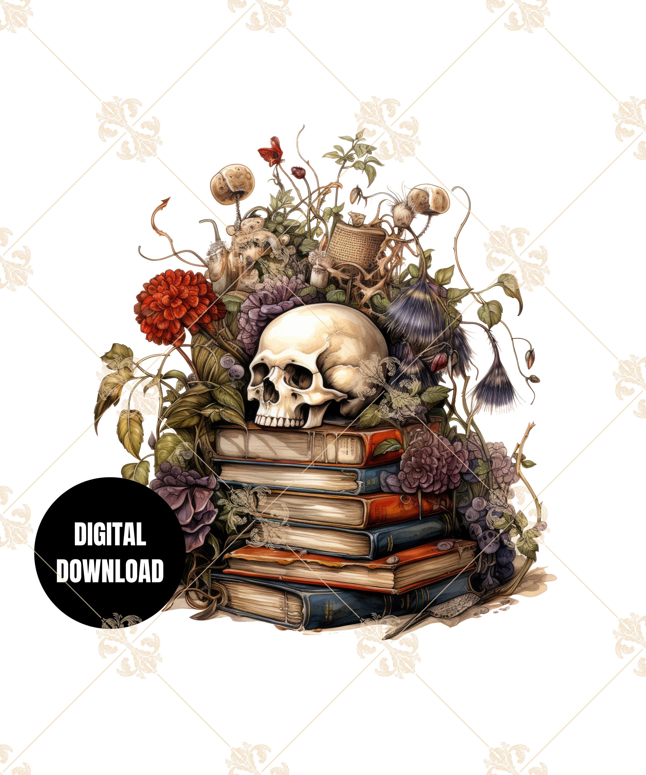 Gothic Books PNG, Old Book Skull Floral, Funny Goth Book Lovers ...