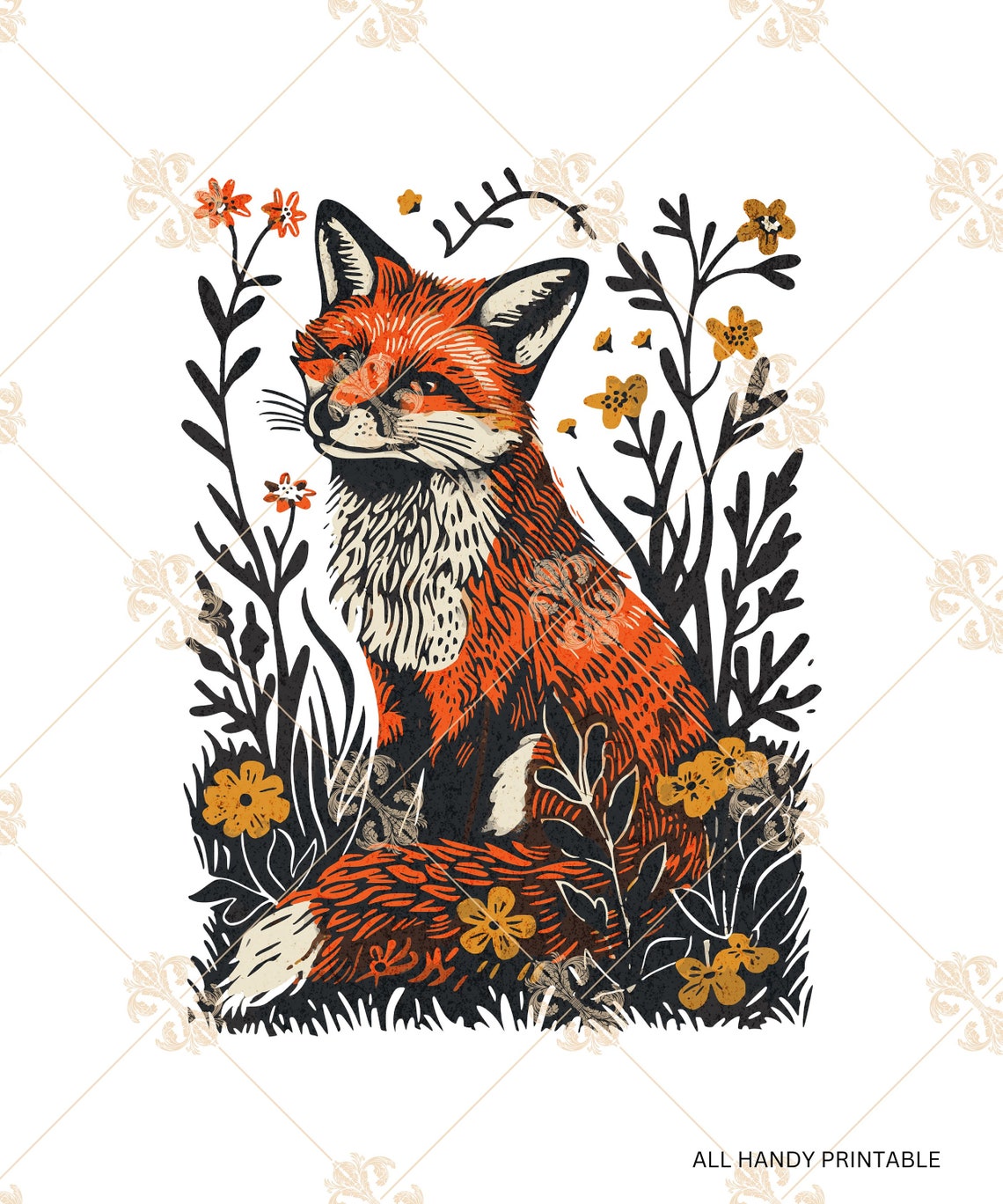 Folklore Fox Floral PNG, Vintage Cottagecore, Forestcore, Fox Lover ...