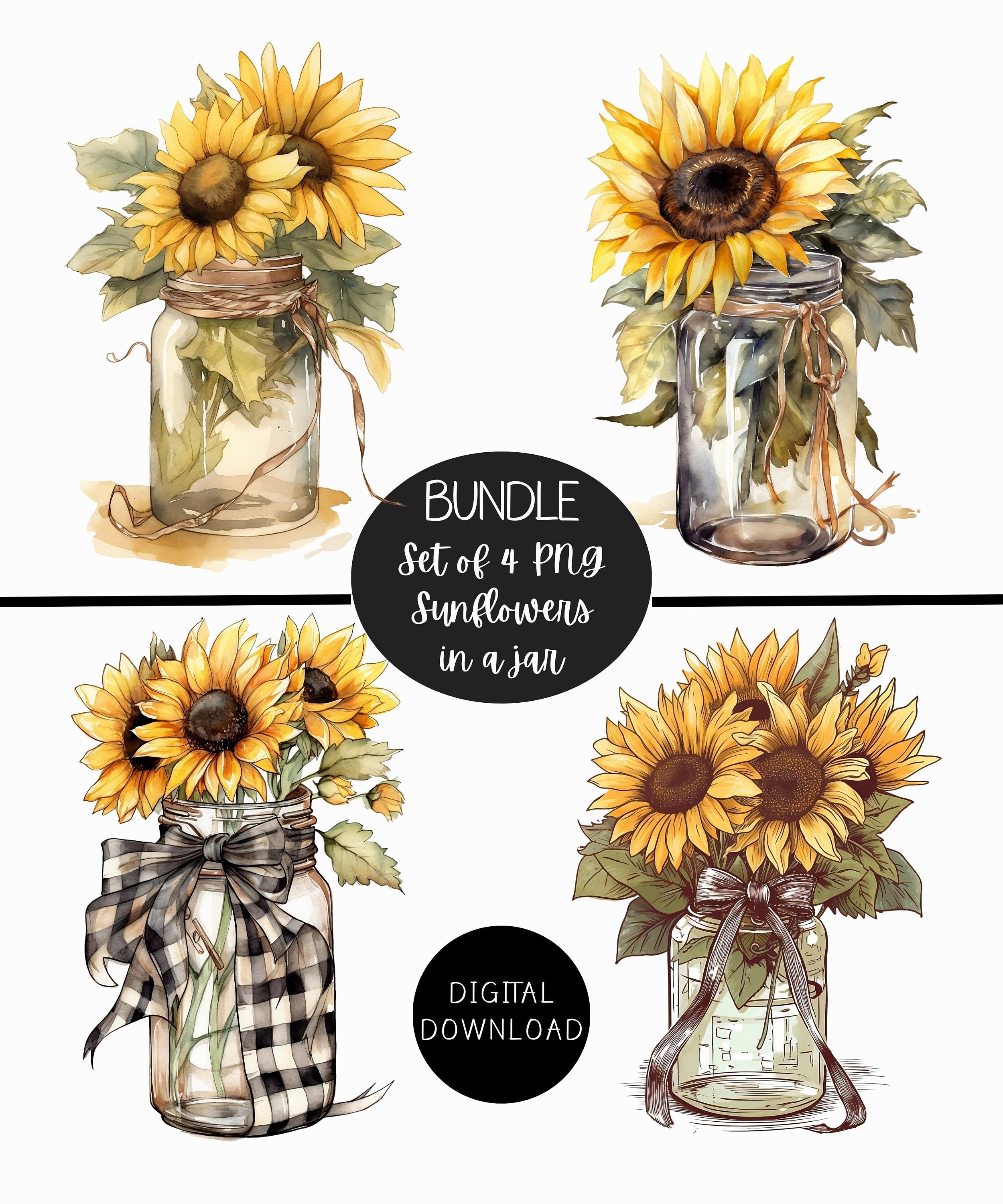 Sunflowers in A Jar Bundle of 4 PNG, Watercolor Rustic Yellow Floral ...