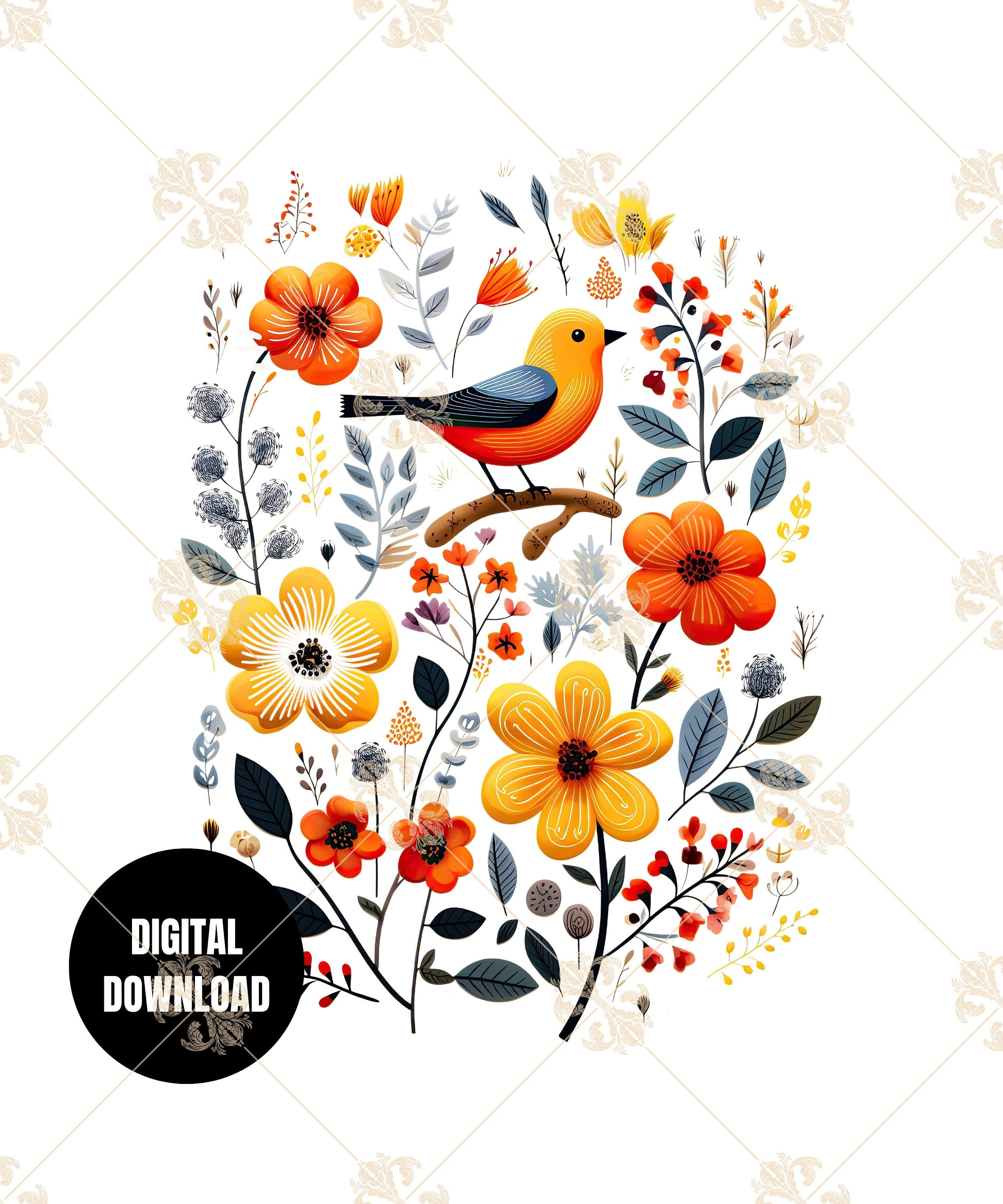 Cottagecore Birds and Flowers PNG, Retro Boho Fall Nature Botanical ...