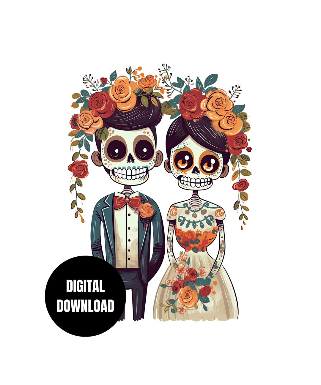 Sugar Skull Bride and Groom Skeleton PNG, Funny Wedding Couple ...