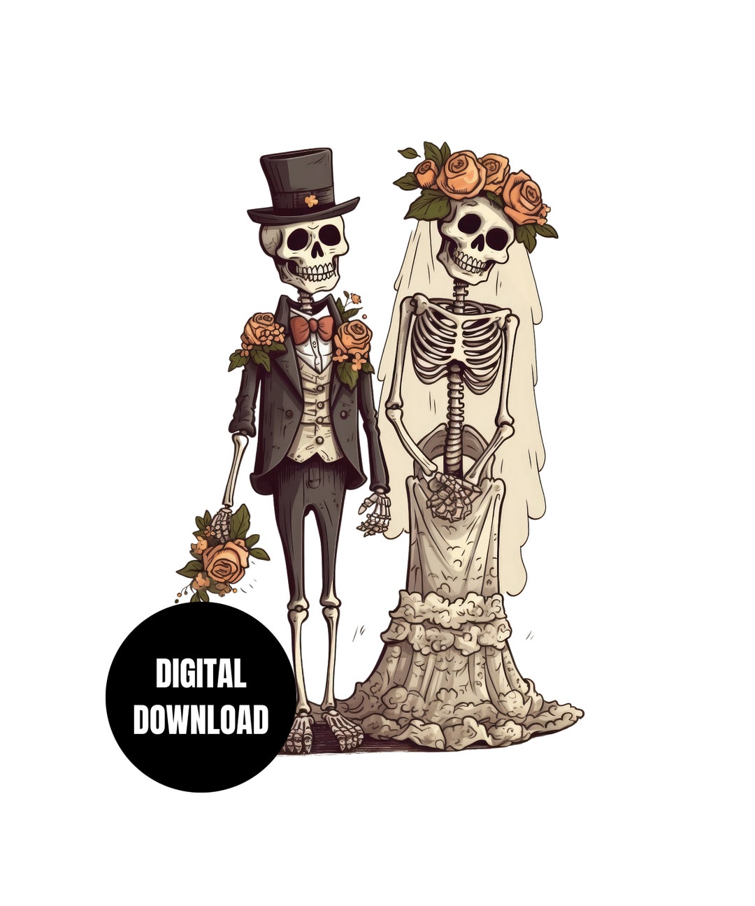 Bride and Groom Skeleton PNG, Cute Gothic Wedding Couple Sublimation ...