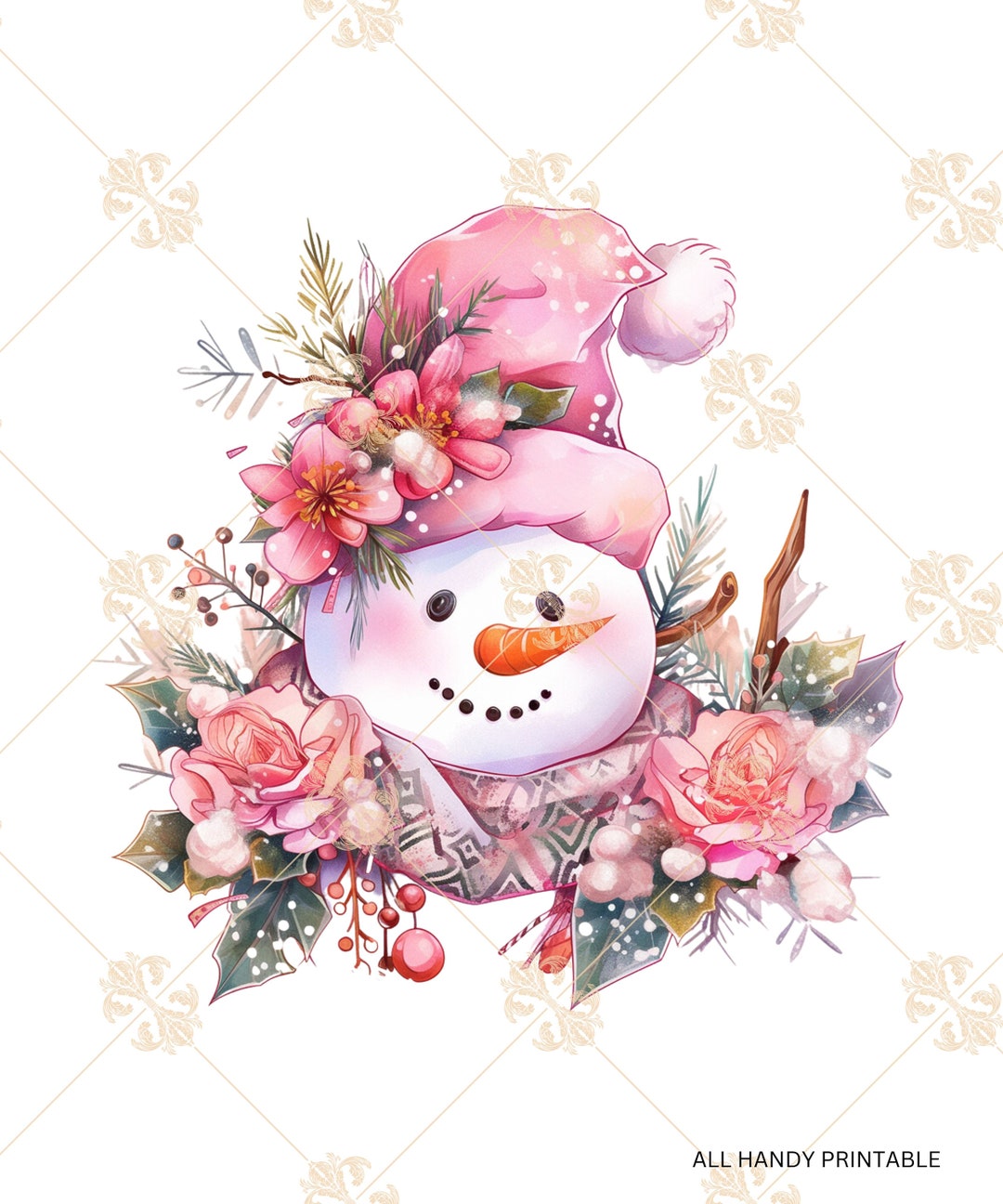 Pink Snowman Floral, Cute Watercolor Snowman Christmas Winter Clipart ...