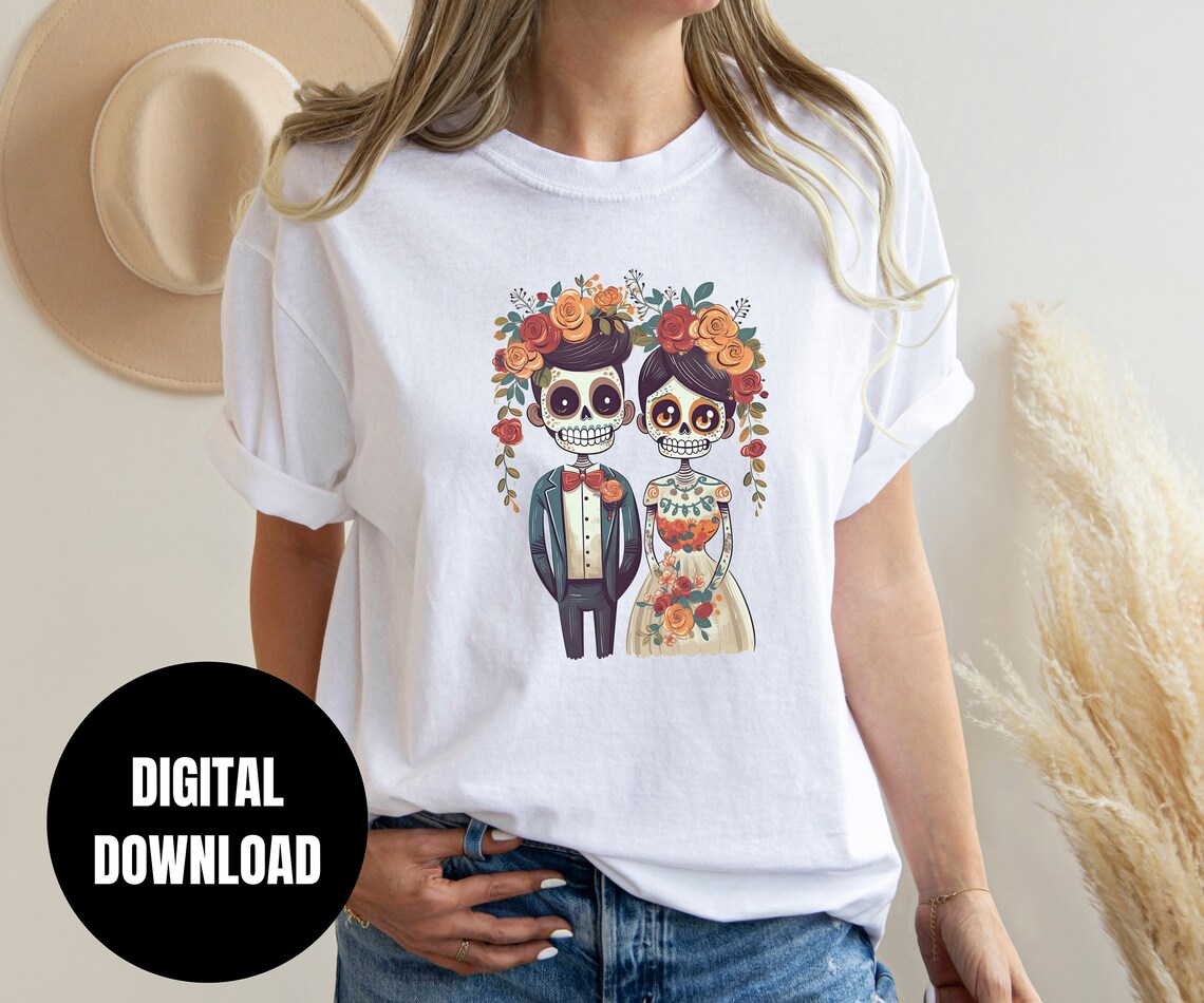 Sugar Skull Bride and Groom Skeleton PNG, Funny Wedding Couple ...