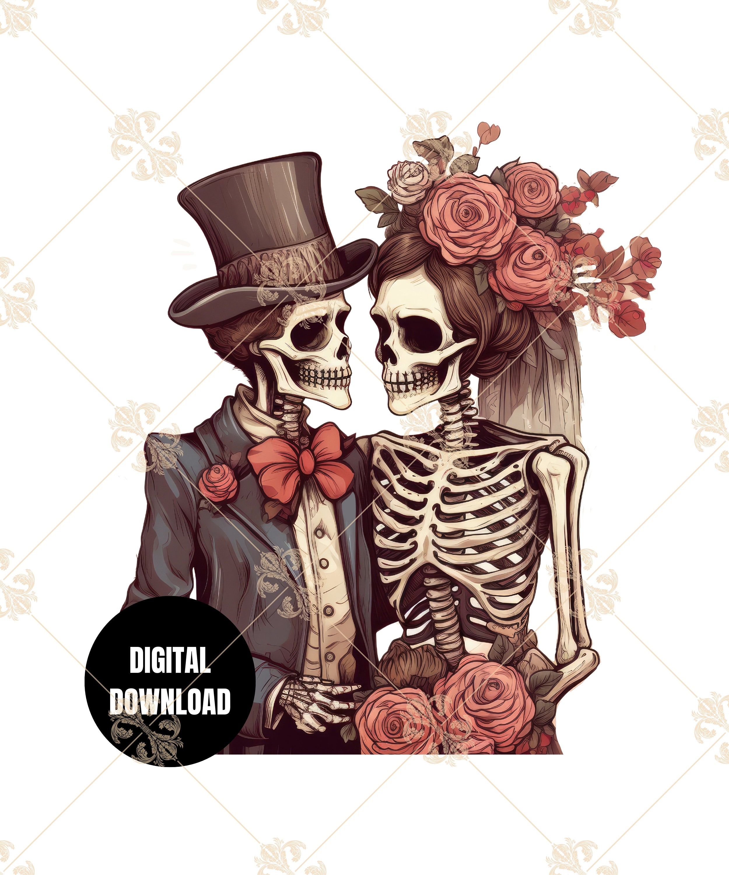 Bride and Groom Skeleton PNG, Goth Floral Wedding Day Couple ...