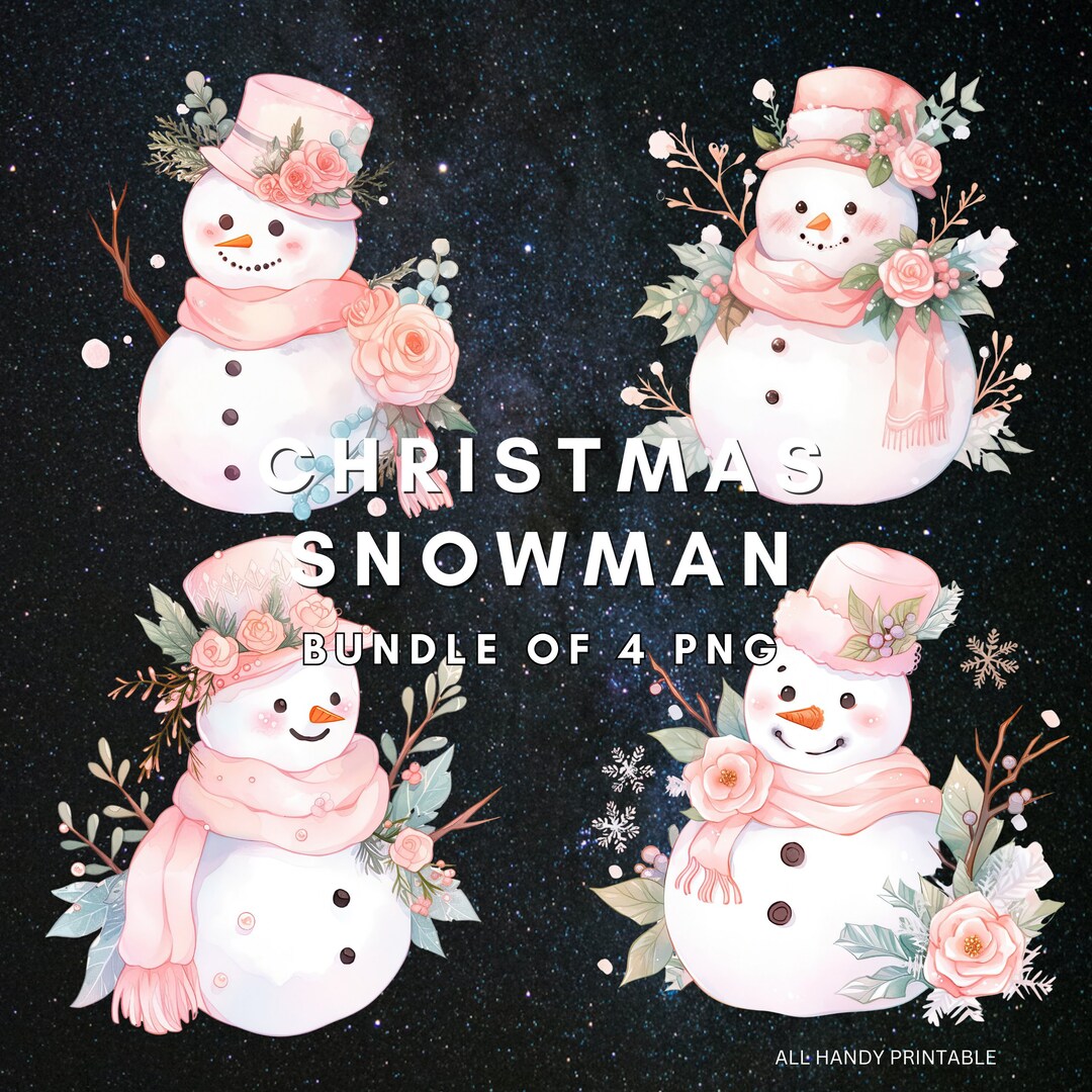 Pink Snowman Bundle of 4 PNG, Cute Watercolor Snowman Christmas Clipart ...