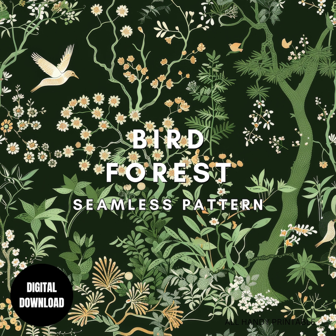Vintage Bird Forest Seamless Pattern JPG, Cottagecore Green Botanical ...