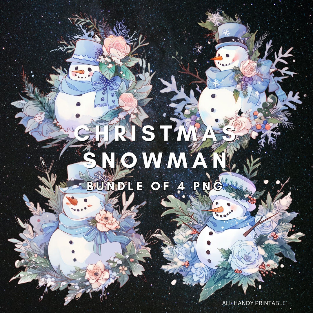 Blue Snowman Bundle of 4 PNG, Cute Watercolor Snowman Christmas Clipart ...