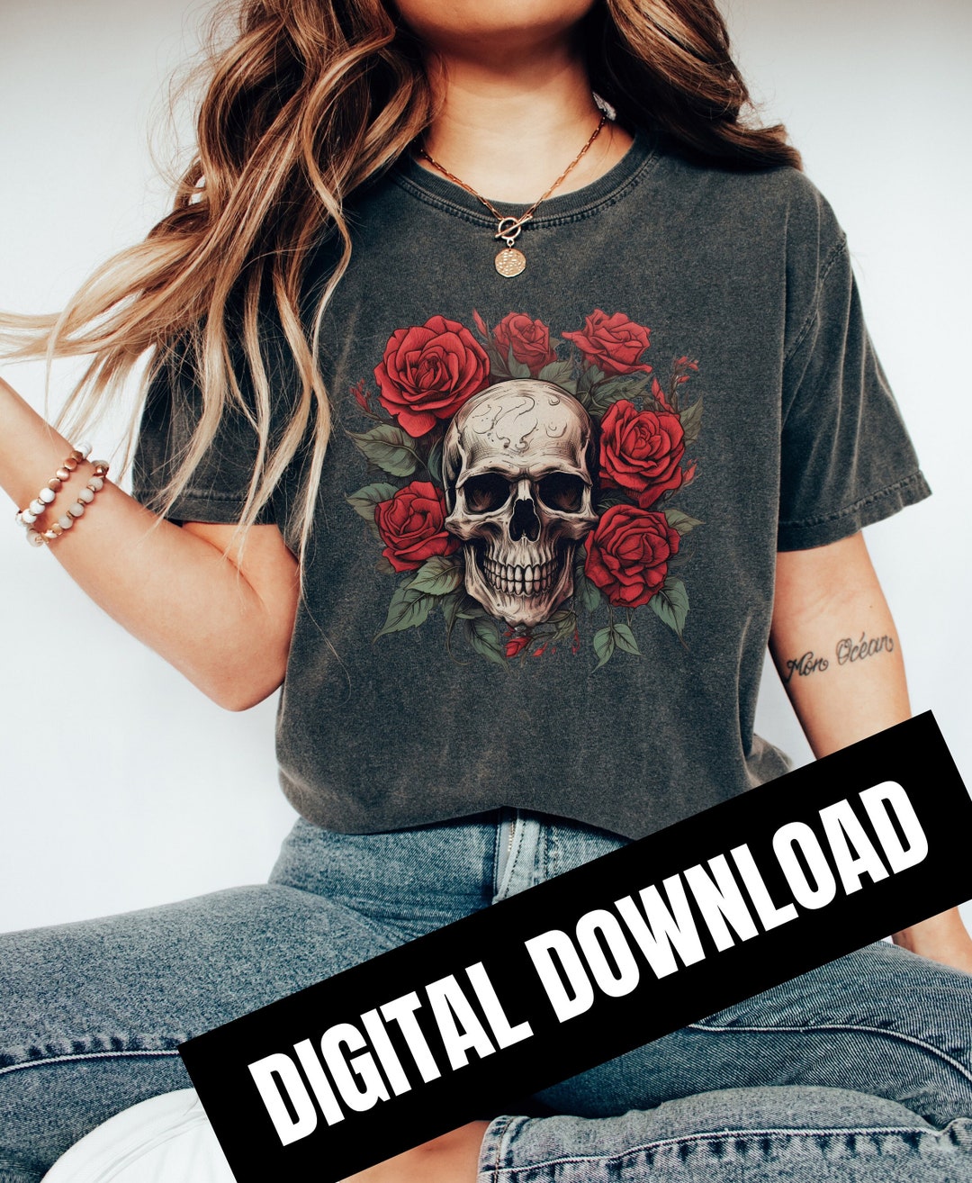 Retro Red Roses Skull PNG, Gothic Skull Skeleton Floral, Sublimation ...