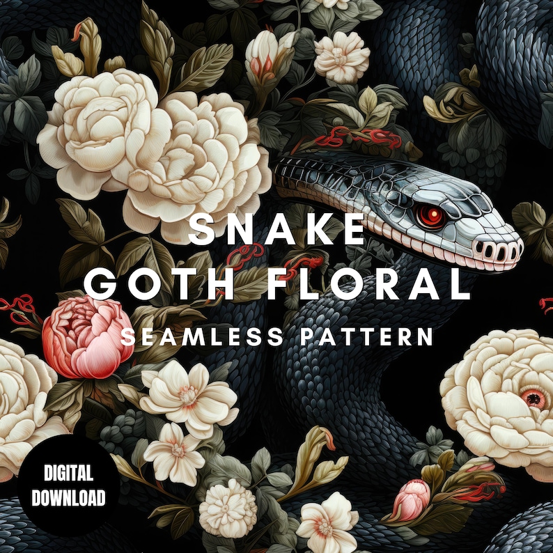 Snake Floral Goth Seamless Pattern JPG, Aesthetic Gothic Flowers Repeating Pattern, Surface ...