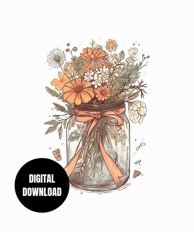 Wildflowers in A Jar Bundle of 4 PNG, Watercolor Boho Rustic Wild ...