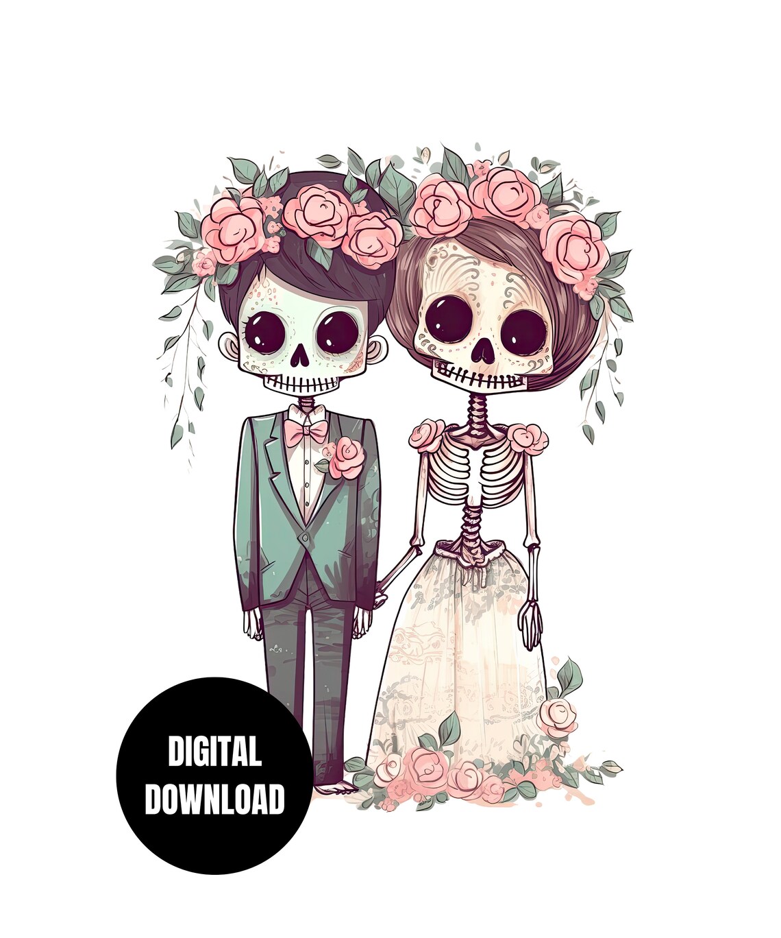 Bride and Groom Skeleton Doll PNG, Cute Wedding Couple Skull Floral ...
