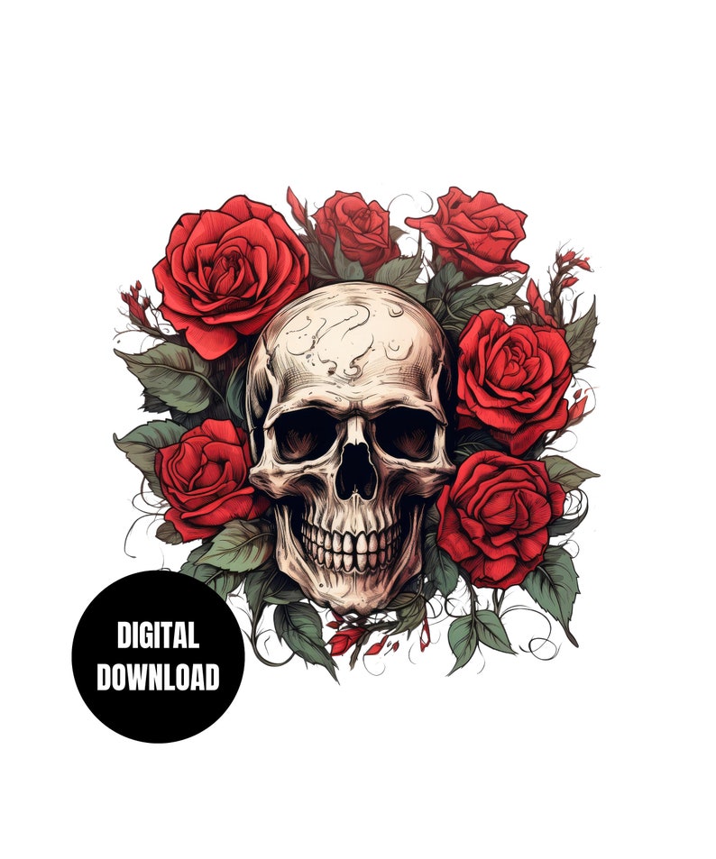Retro Red Roses Skull PNG, Gothic Skull Skeleton Floral, Sublimation ...