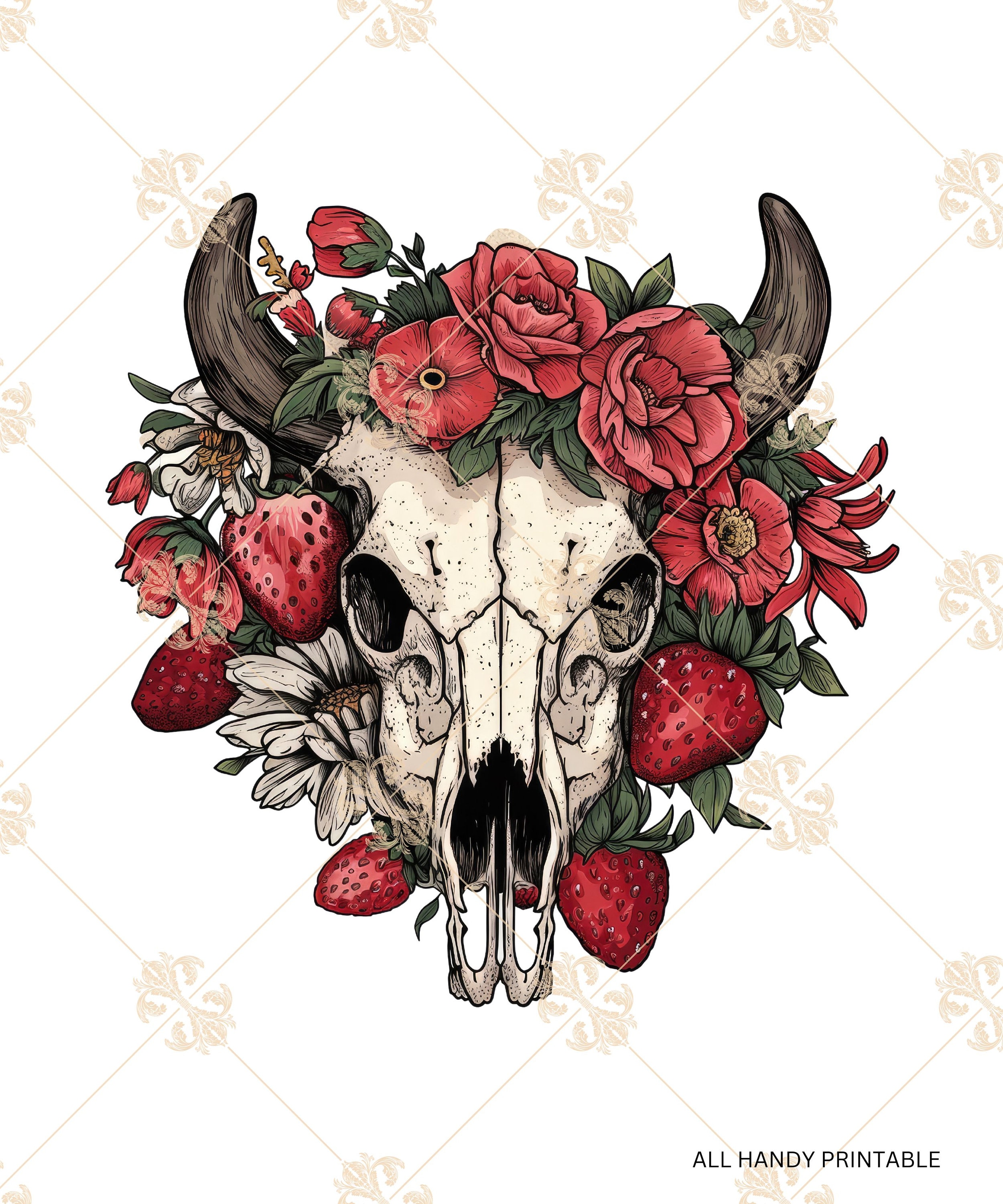 Western Strawberry Cow Skull PNG, Wild West Country, Botanical Floral ...
