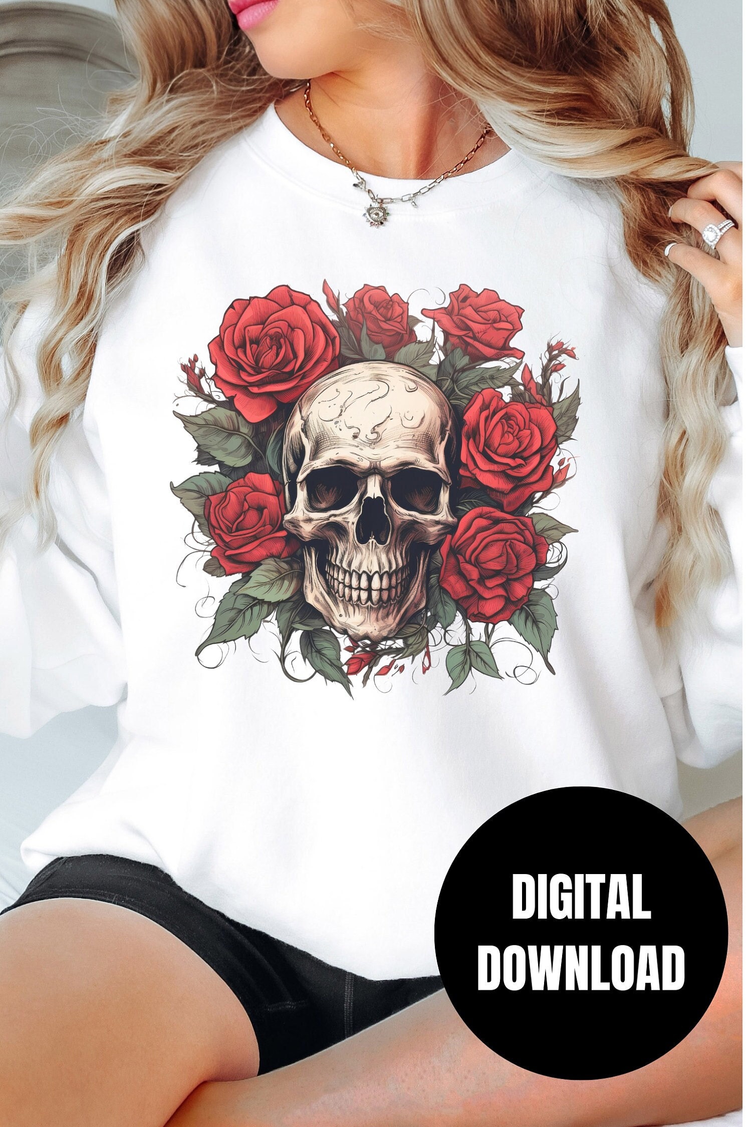Retro Red Roses Skull PNG, Gothic Skull Skeleton Floral, Sublimation ...