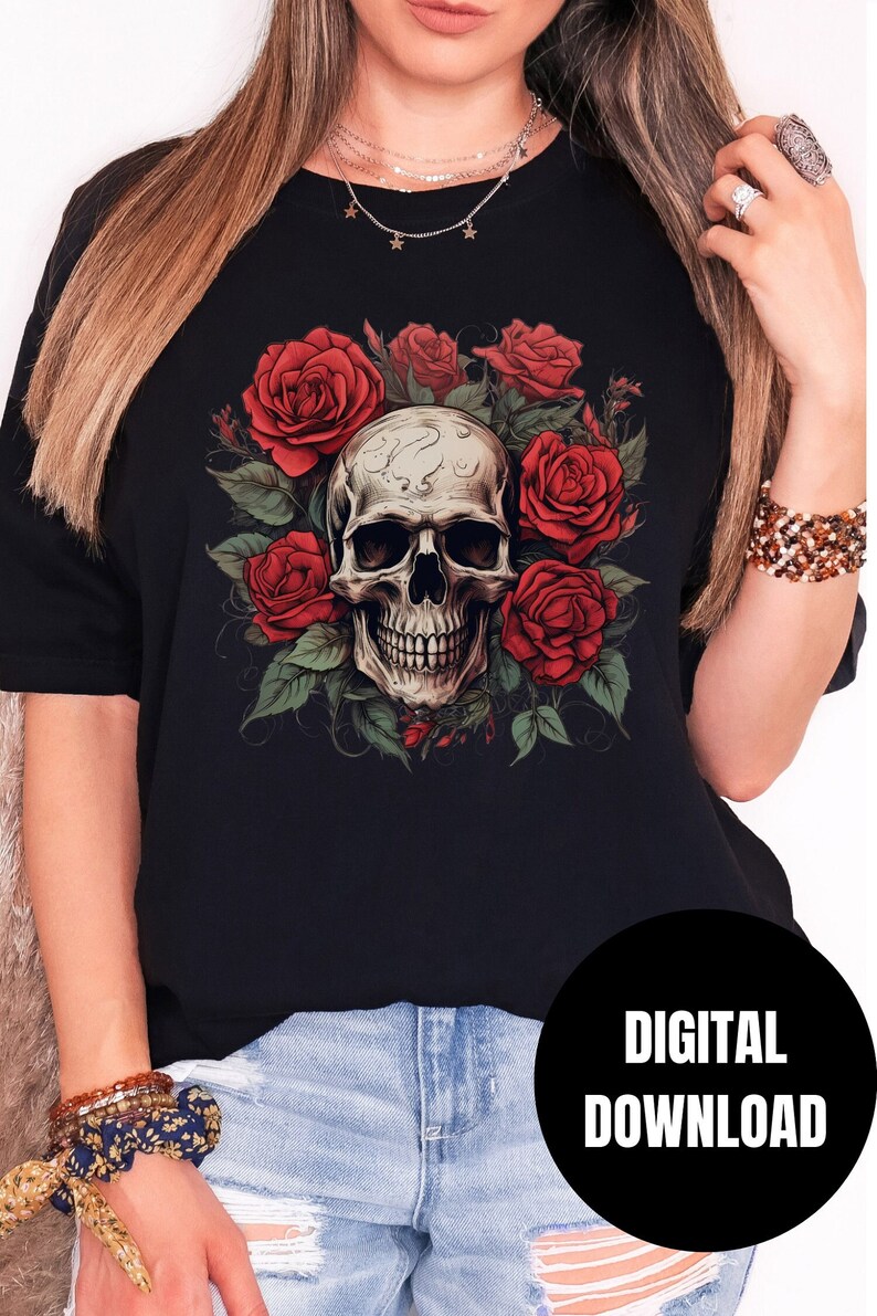 Retro Red Roses Skull PNG, Gothic Skull Skeleton Floral, Sublimation ...