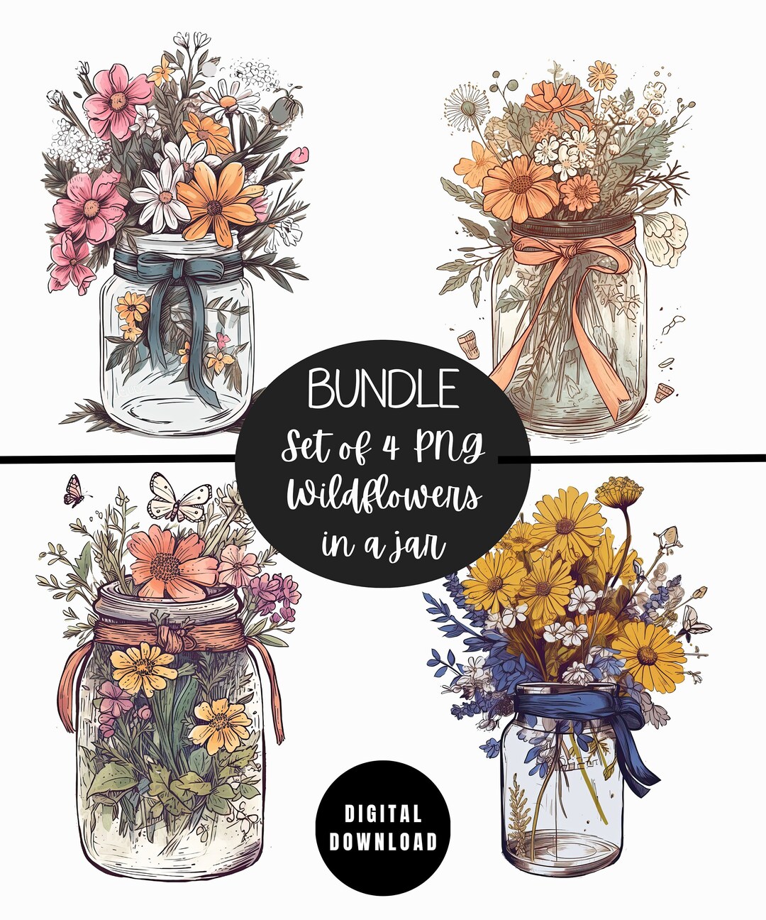 Wildflowers in A Jar Bundle of 4 PNG, Watercolor Boho Rustic Wild ...
