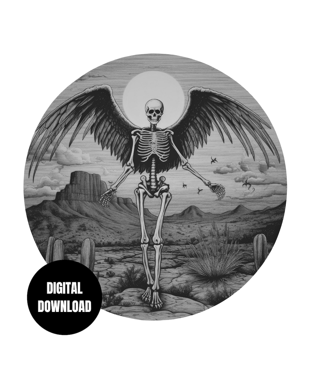 Angel Skeleton Dark PNG, Black and White Skull Angel Wings Sublimation ...