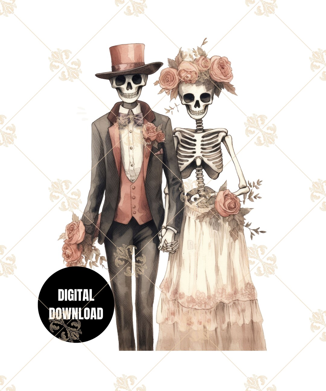 Bride and Groom Skeleton Watercolor PNG, Cute Wedding Couple ...