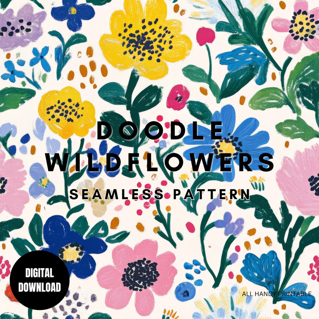 Doodle Wildflowers Seamless Pattern JPG, Spring Garden Floral Repeating ...
