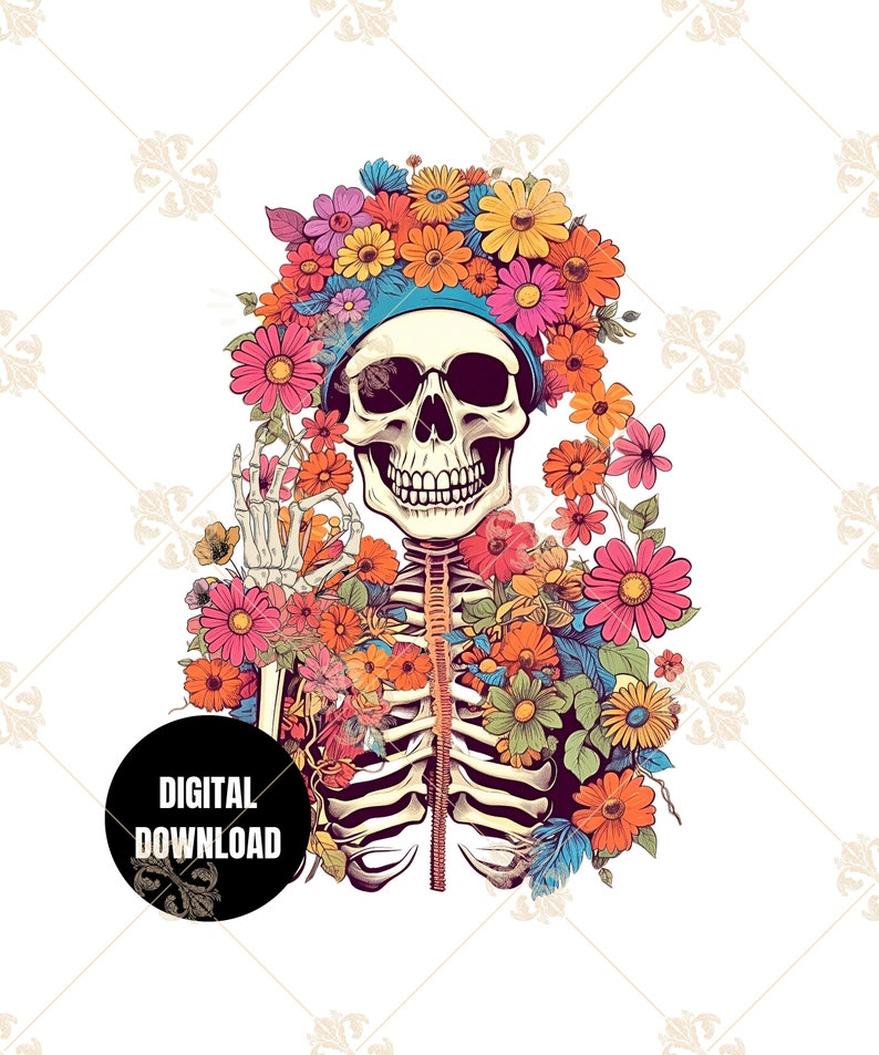 Hippie Skeleton PNG Retro Skull Flower Power Bride Skeleton - Etsy