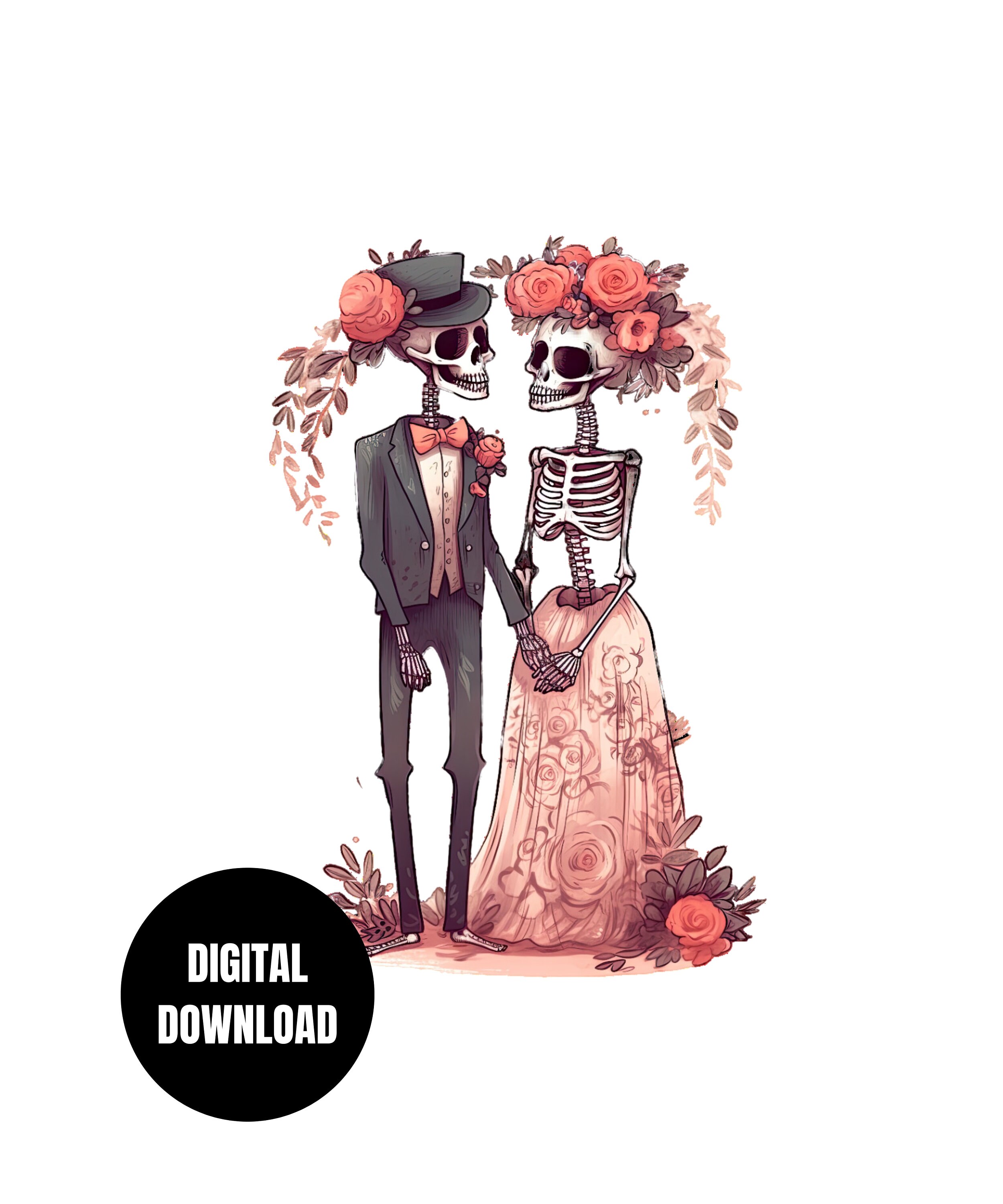 Cute Bride and Groom Skeleton PNG, Floral Wedding Couple Skull Flower ...