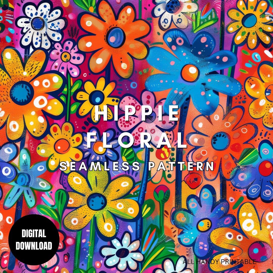 Hippie Flower Seamless Pattern JPG, Groovy Aesthetic Garden Floral ...