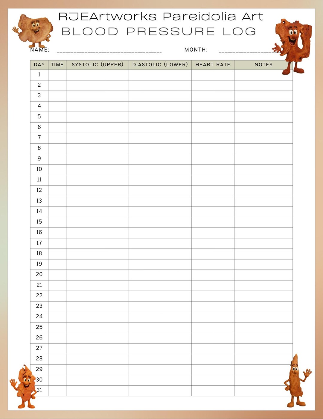 Monthly Blood Pressure Log | Instant Download | Unique Nature Art ...