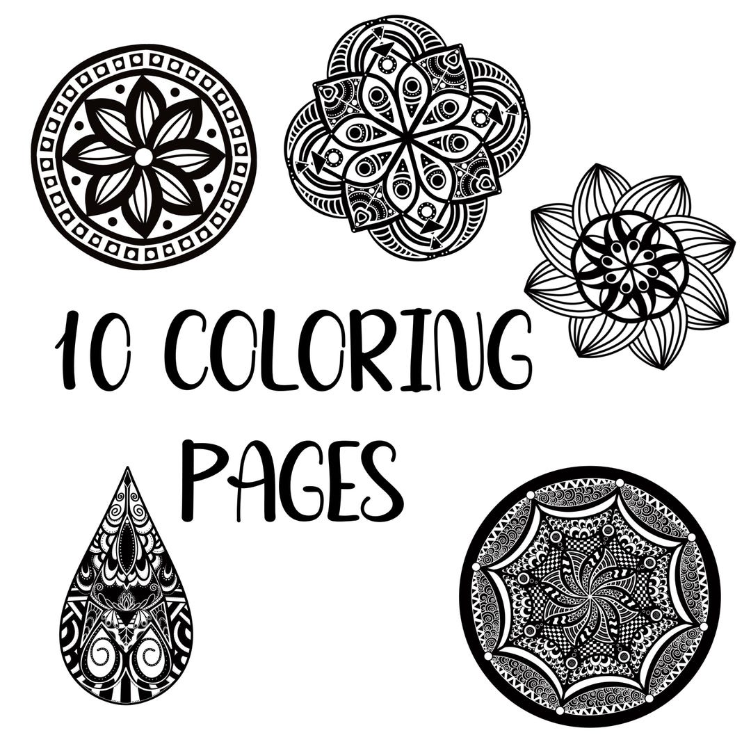 Printable Coloring Pages Bundle! 10 Hand Drawn Images Mix of Mandala ...