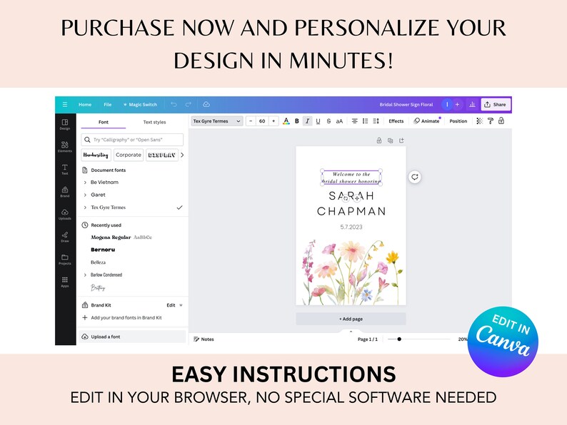 Chic Bridal Shower Welcome Sign, Wildflower Welcome Sign, Editable ...