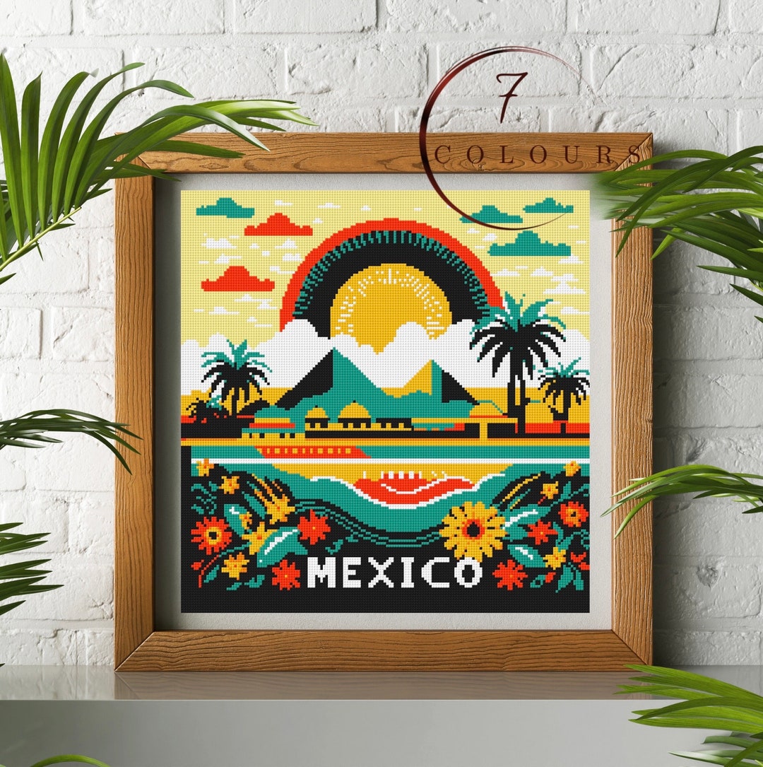 Colorful Travel Mexico Cross Stitch Pattern, Mexican Pyramids Funky ...