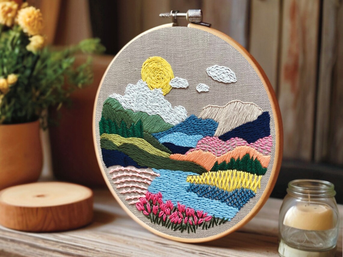 River Fields Scenery Embroidery Pattern With Step by Step Video and ...