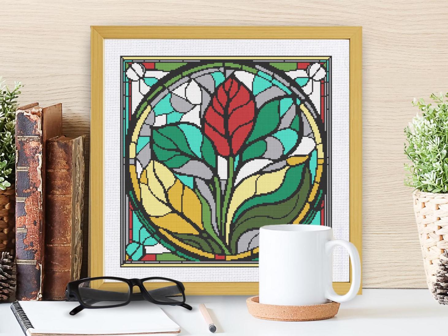Stained Glass Cross Stitch Pattern: Abstract Floral Embroidery (PDF ...