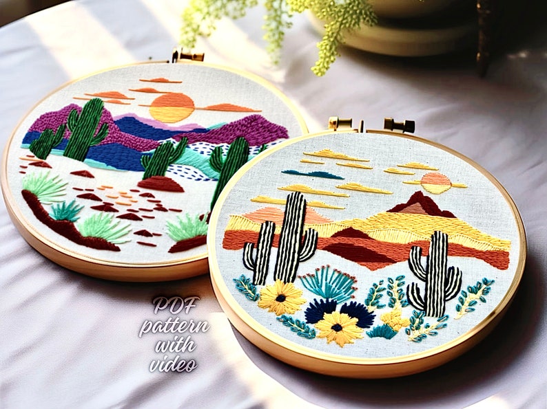 Southwestern Landscape Embroidery Digital Patterns With Video Tutorial, Cacti Desert Scenery ...