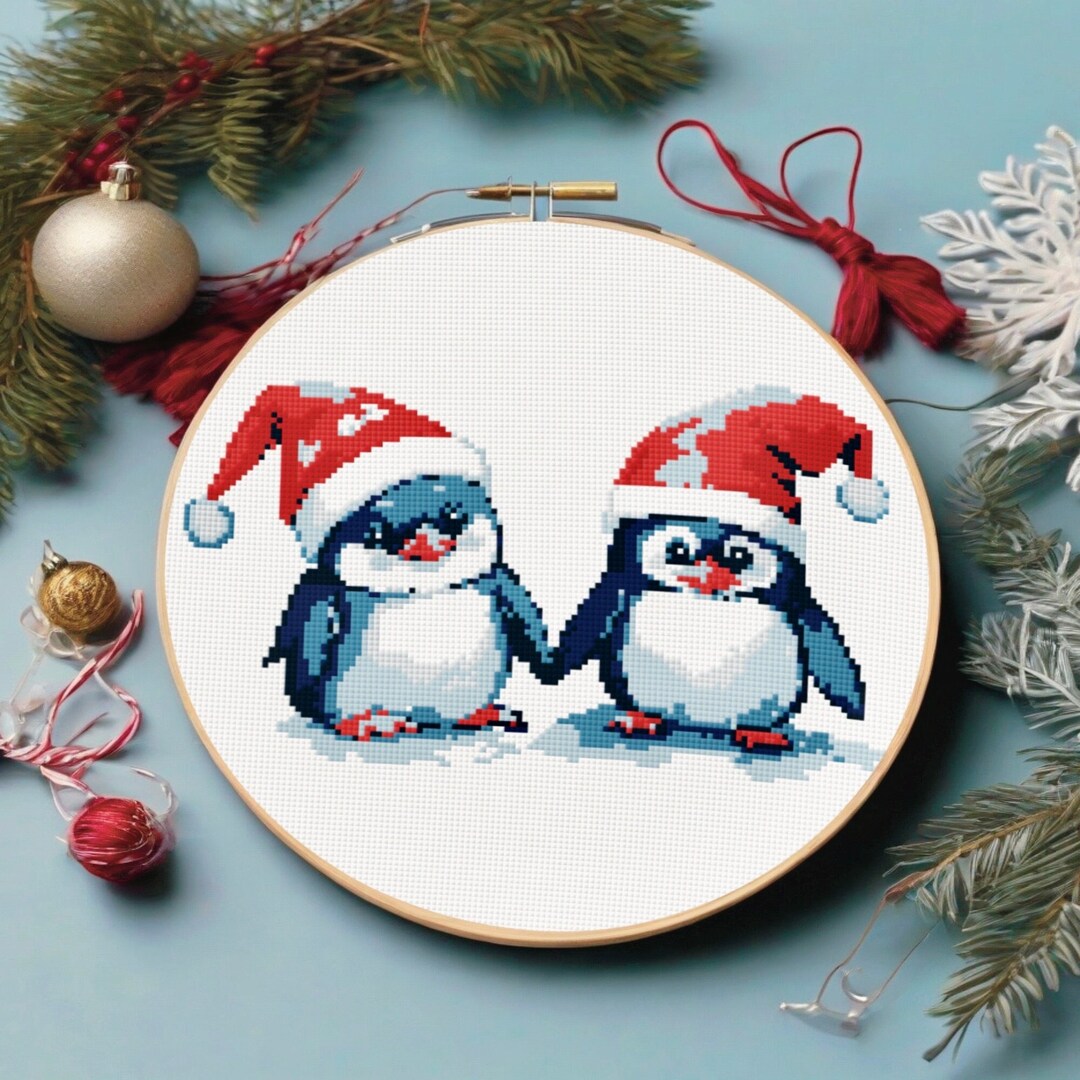 Christmas Penguins Cross Stitch, Snowy Penguins Embroidery Design ...