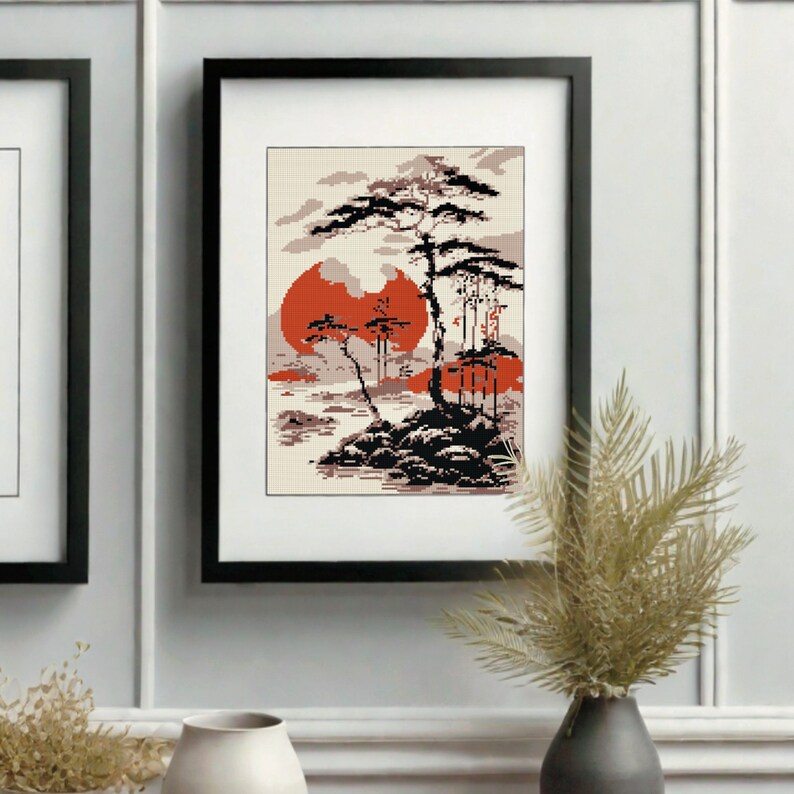 Abstract Japanese Cross Stitch Landscape Pattern, Asian Cross Stitch ...