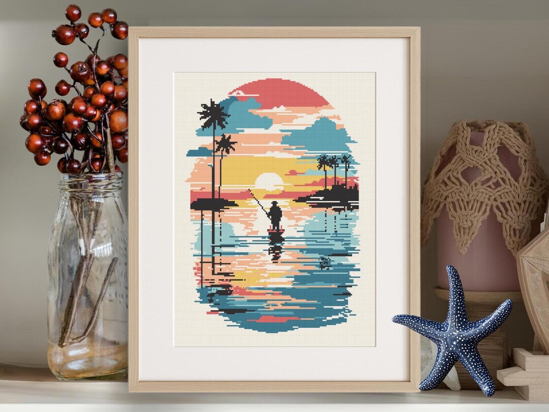 Fisherman Cross Stitch Pattern: Minimalist Fishing Embroidery Design ...
