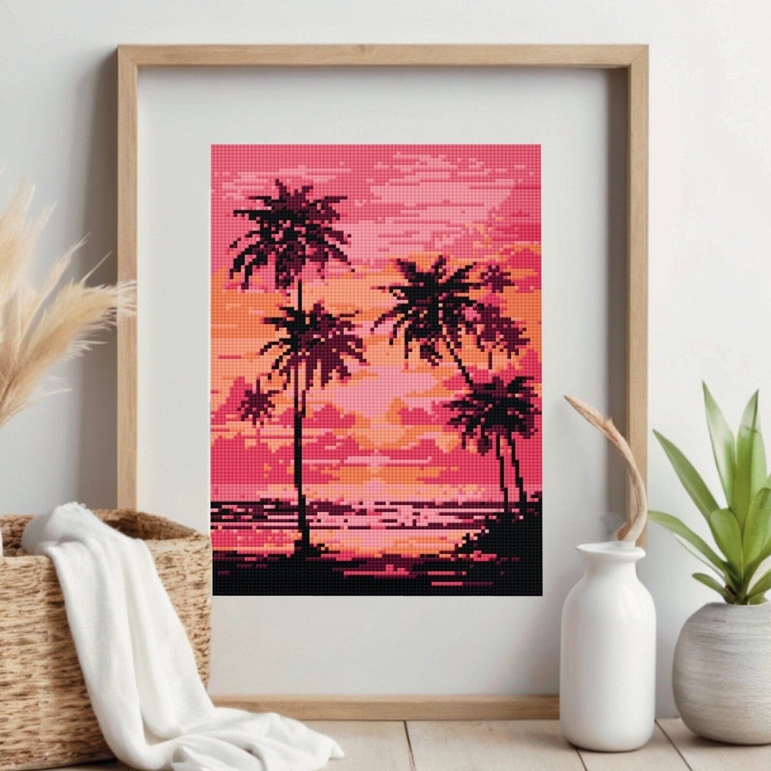 Sunset Beach With Palm Trees Cross Stitch Pattern, Modern Coastal Art ...