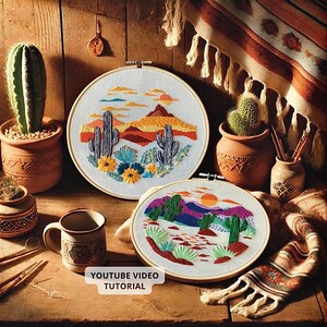 Southwestern Landscape Embroidery Digital Patterns With Video Tutorial, Cacti Desert Scenery ...